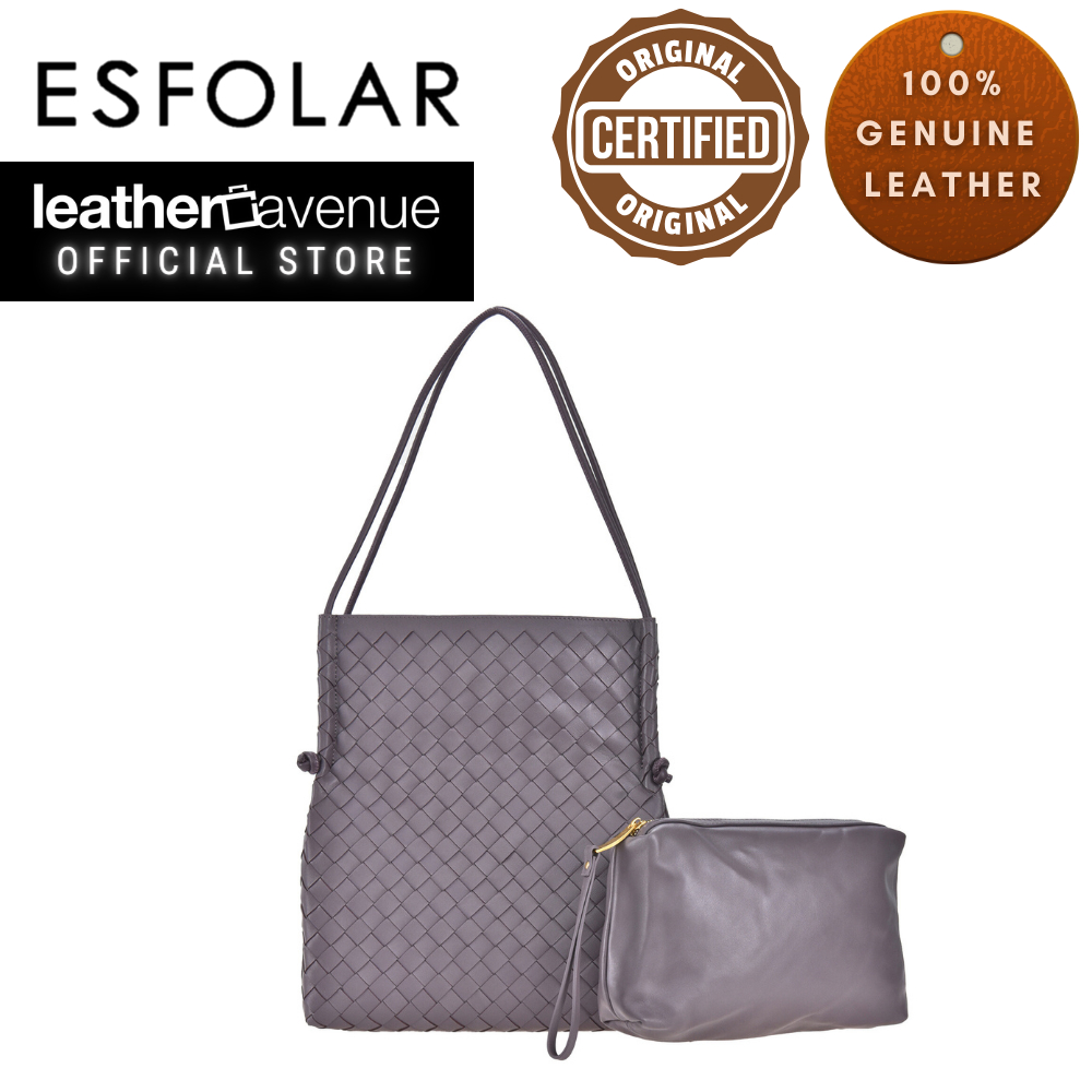 ESFOLAR Genuine Leather Lamb Skin Braided Leather Tote Bag Shoulder Bag ...