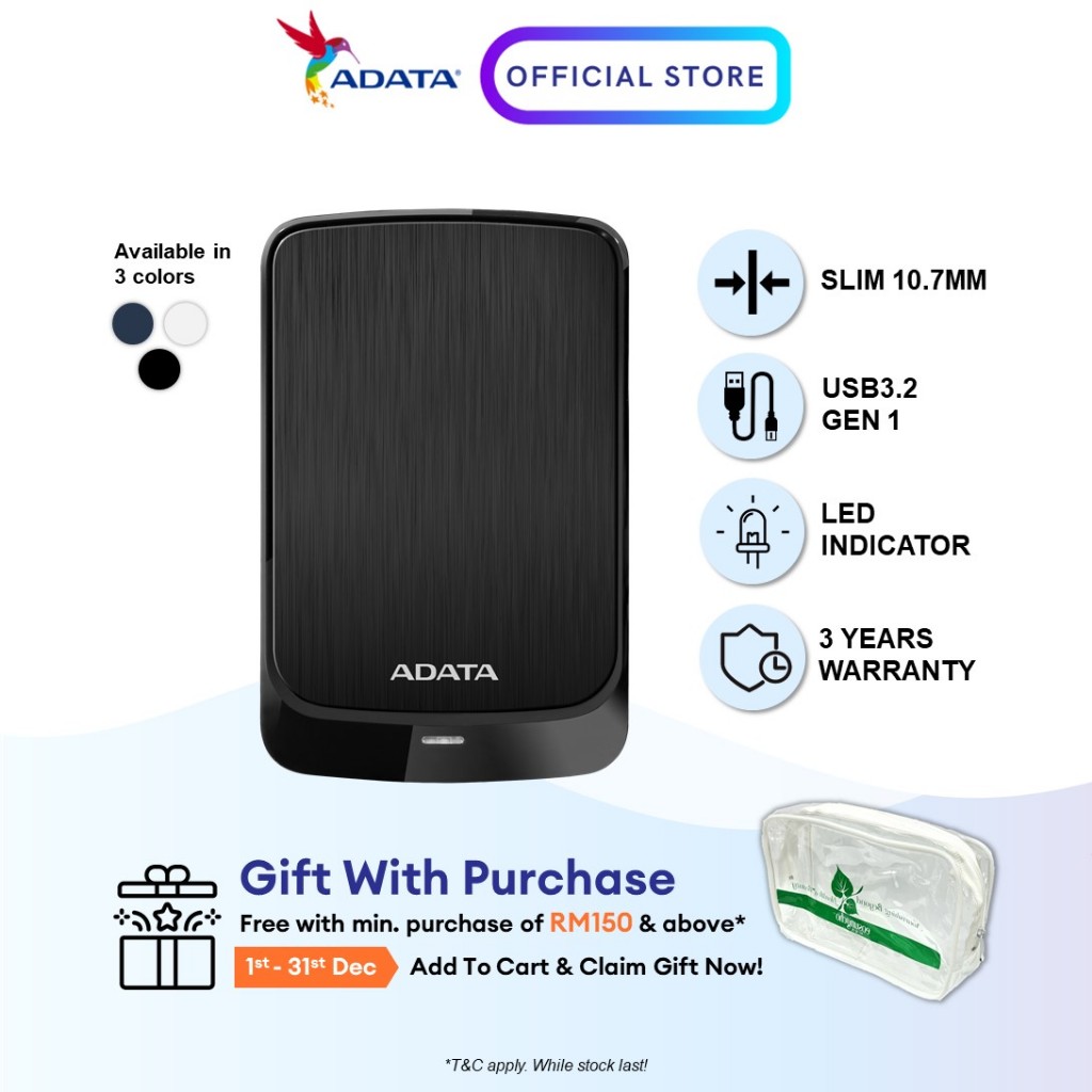 ADATA HV320 USB3.2 EXT HDD SLIM (10.7mm) 1TB/2TB - BLACK/BLUE/WHITE | Shopee Malaysia