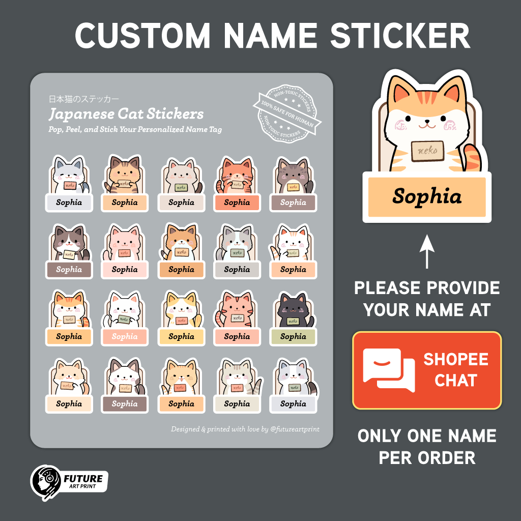 Custom Personalized Name Tag Cute Sticker. Japanese Cat Stickers Design ...