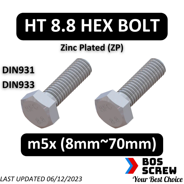 HT Hex Bolt m5 x 8mm ~ 70mm (DIN931,933 Zinc Plated) (Coarse Threaded ...