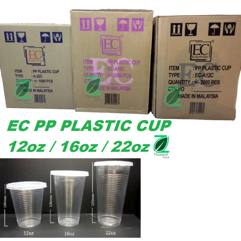 EC PP CUP 1000pcs 12oz 16oz 22oz PP Cup/ Flat Lid Cawan Plastik Penutup ...