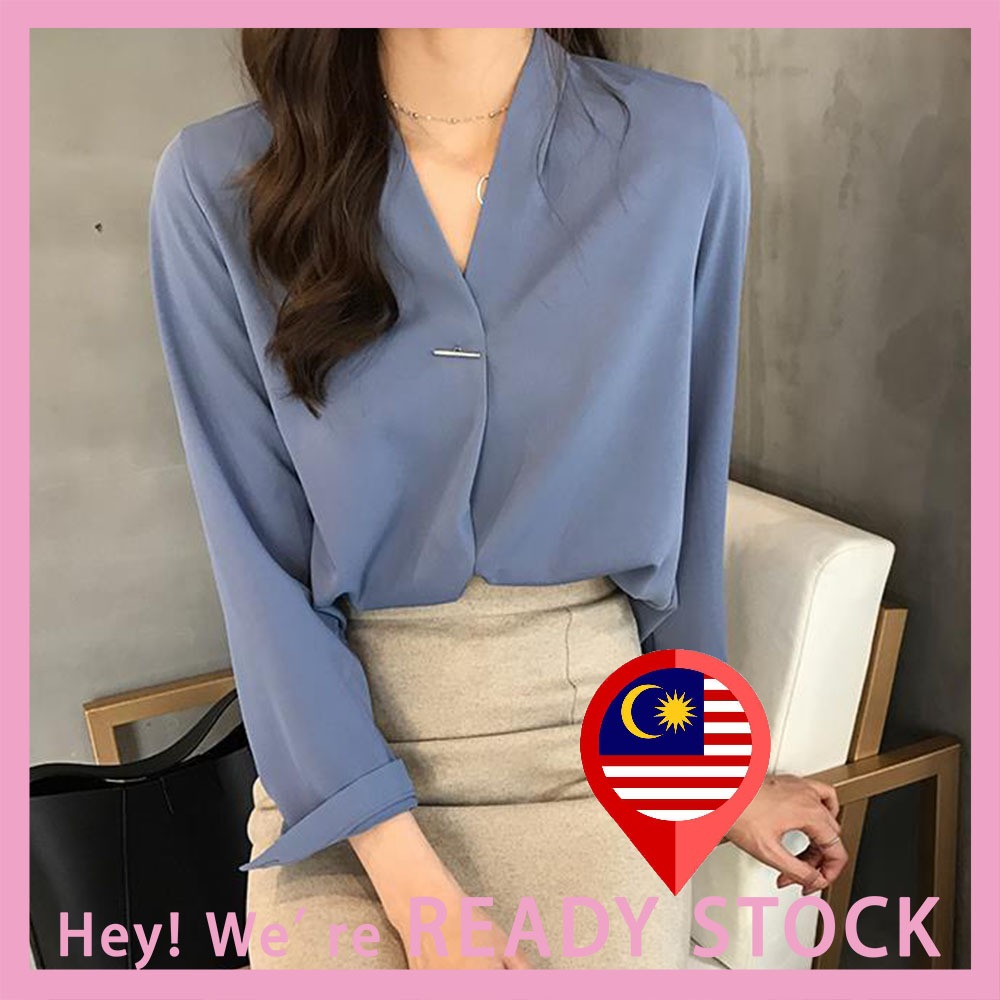 Baju Raya 4 Colors Women Chiffon Blouse | Office OL Wear | V-Neck Long ...