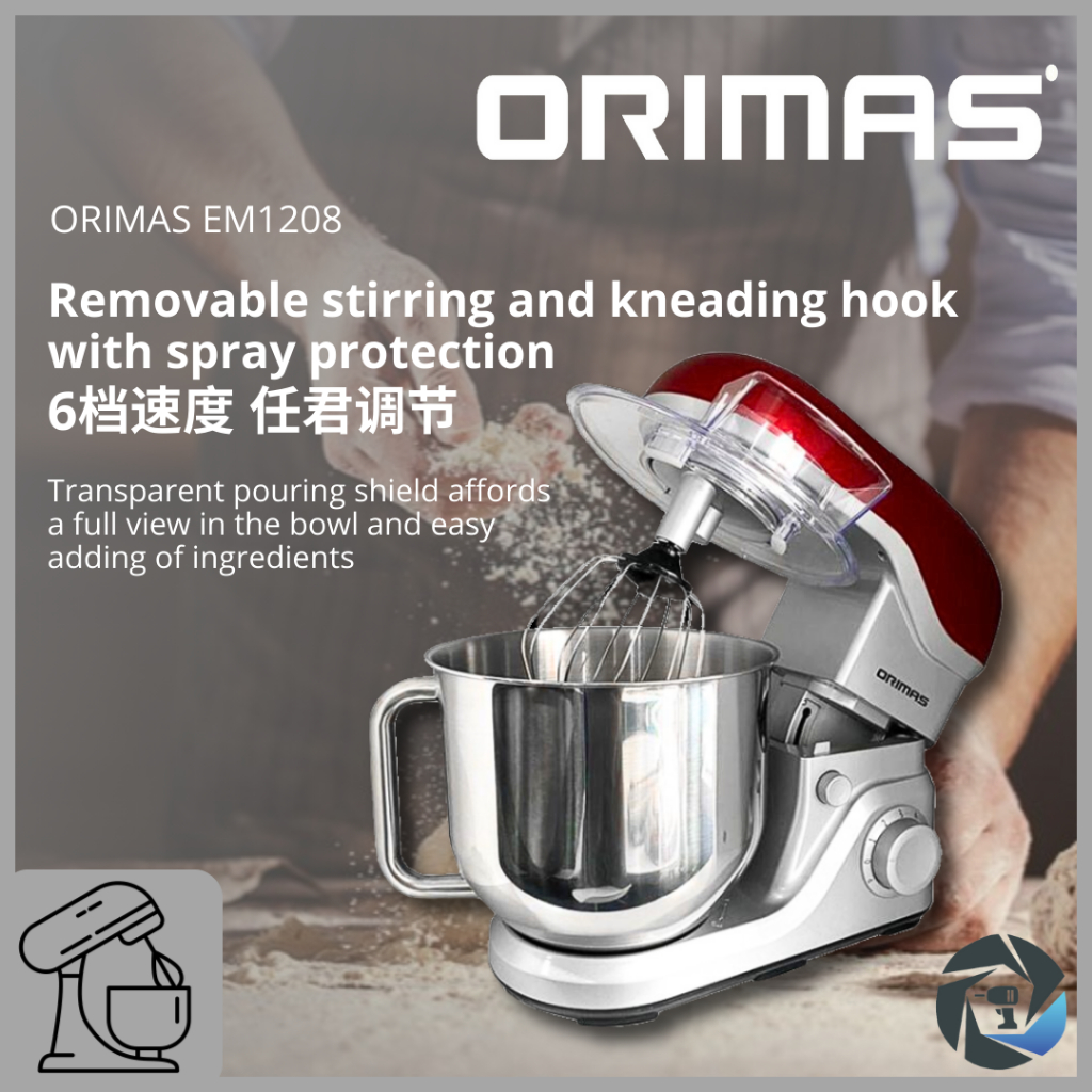 ORIMAS EM1208 STAND MIXER 8L 1200W | FOOD MIXER | 6 SPEEDS | STAINLESS ...