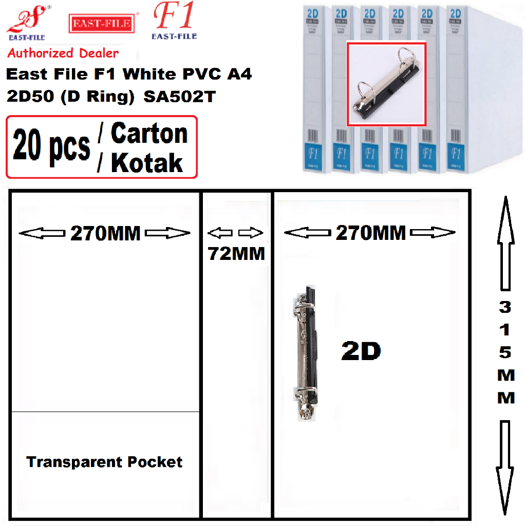 East-File 28 F1 A4 2D 50mm PVC Insert Binder Ring File White (20pcs ...