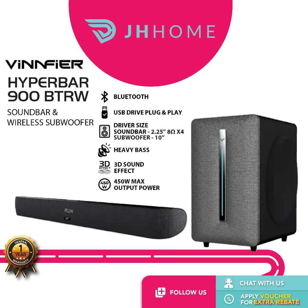 Vinnfier VF Hyperbar 900 BTRW 450W Home TV Soundbar 10" Wireless ...