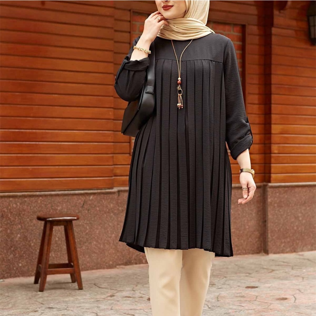 Women Muslimah Blouse Casual Plus Size Loose Round Neck Long Sleeved ...