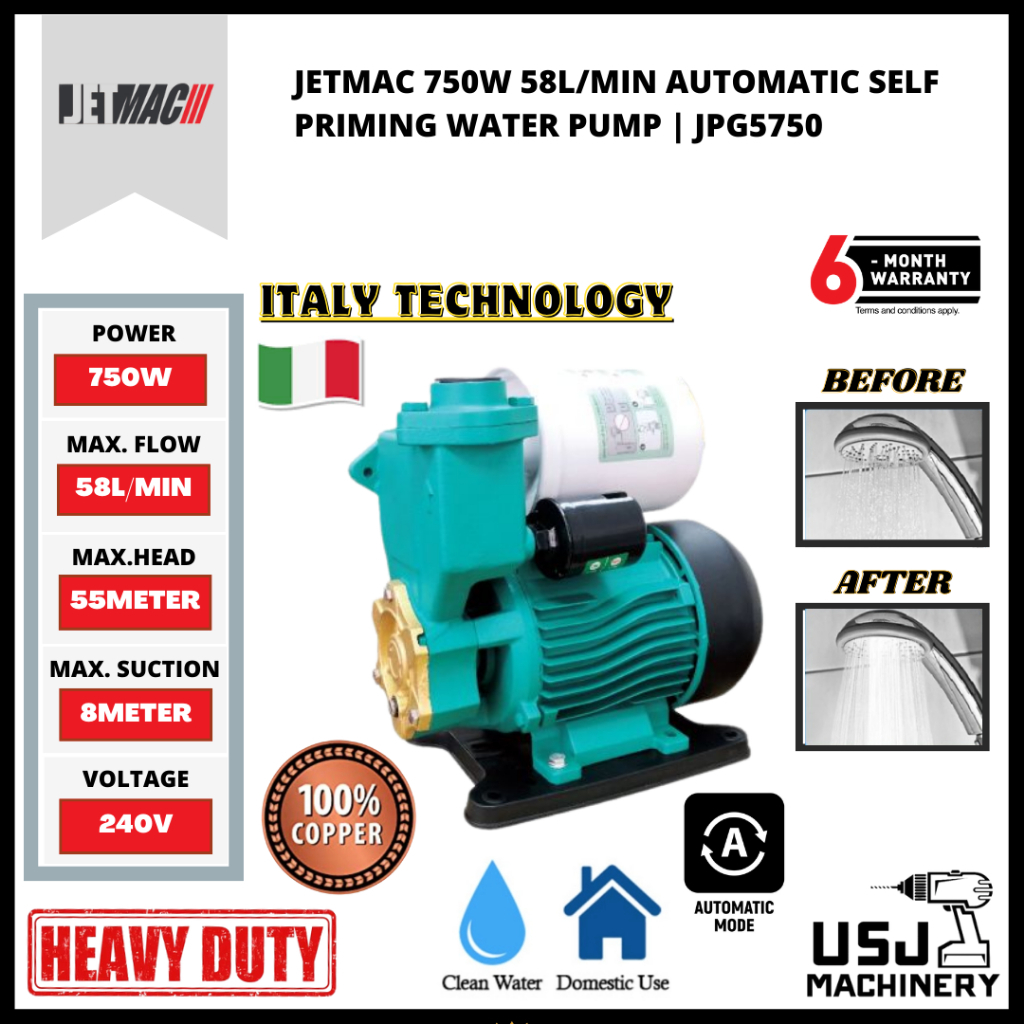 JETMAC 750W 58L/MIN Automatic Self Priming Water Pump JPG5750 - 100% ...