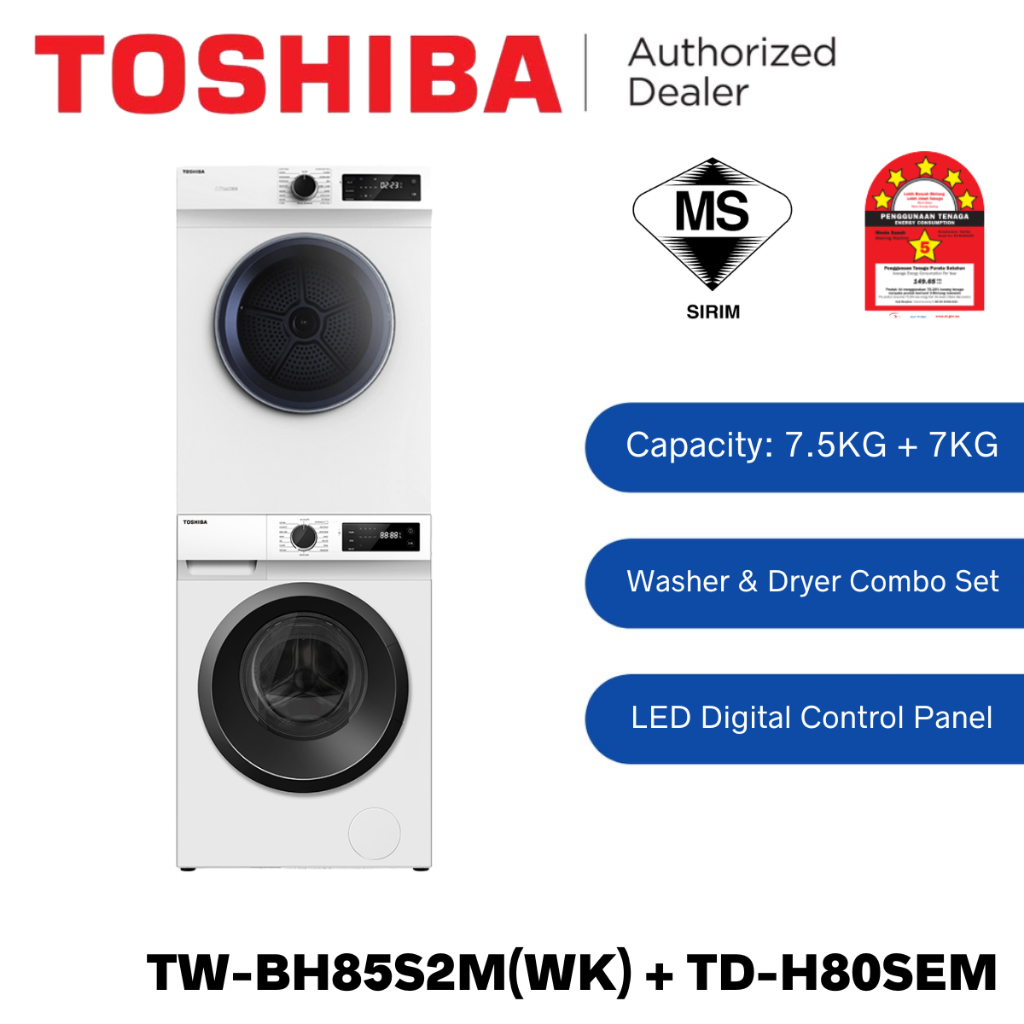 [Combo Set] Toshiba 7.5KG Front Loading Washer and 7KG Dryer Package Bundle TD-H80SEM / TW ...