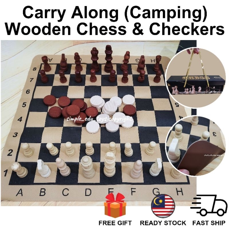 2 in 1 Carry Along Wooden Chess & Checker Set With Carry Box Camping ...