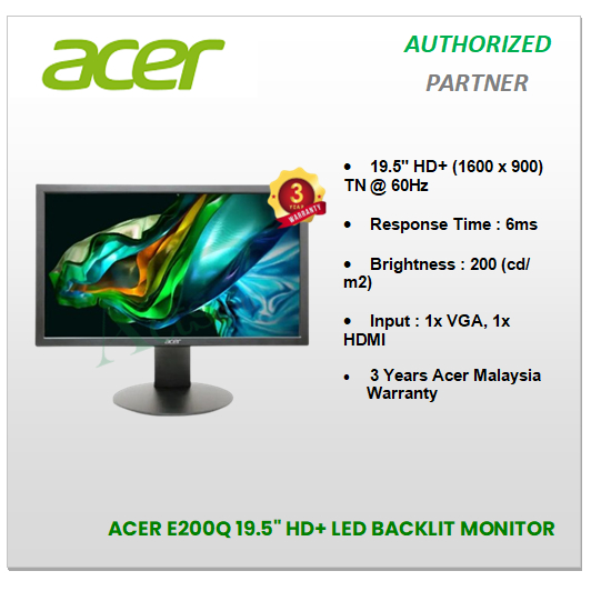 Acer E200Q 19.5" HD+ LED Backlit Monitor Black ( HDMI, VGA, 3 Yrs Wrty ) | Shopee Malaysia
