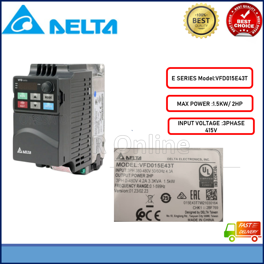 DELTA INVERTER, E SERIES ~ 1.5KW/2HP ~ 415V ~ 3PH, (VFD015E43T ...