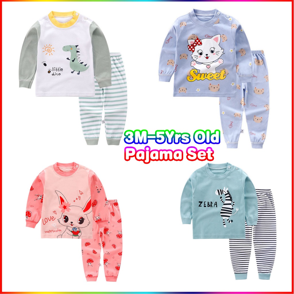 (3m-5yrs) Kids Pyjamas Set Baju Tidur Bayi Long Sleeve Sleepwear ...