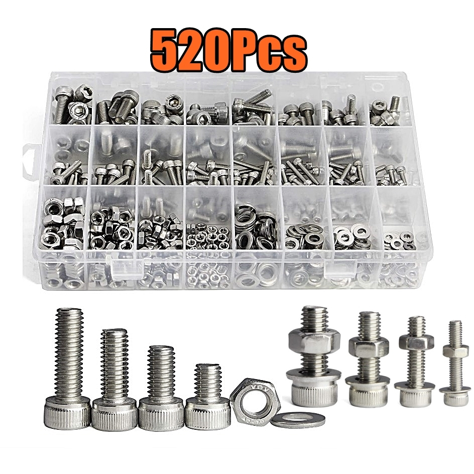 520Pcs Stainless Steel Hex Screw Nuts Washer Assortment Kit M3 M4 M5 M6 Cap Socket Head Screws ...