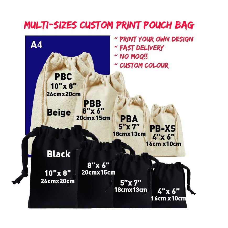 Multi-size Custom Print Canvas Pouchbag Bag Uncang Goodies bag | Shopee ...