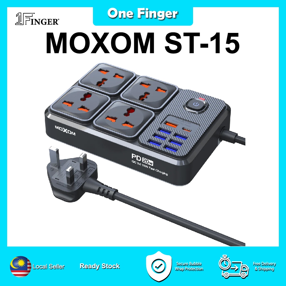 MOXOM MX-ST15 PD20W+QC18W 2500W STRIP USB ADAPTER BLACK, 12 IN 1 POWER SOCKET, 7USB+1PD, 2M ...