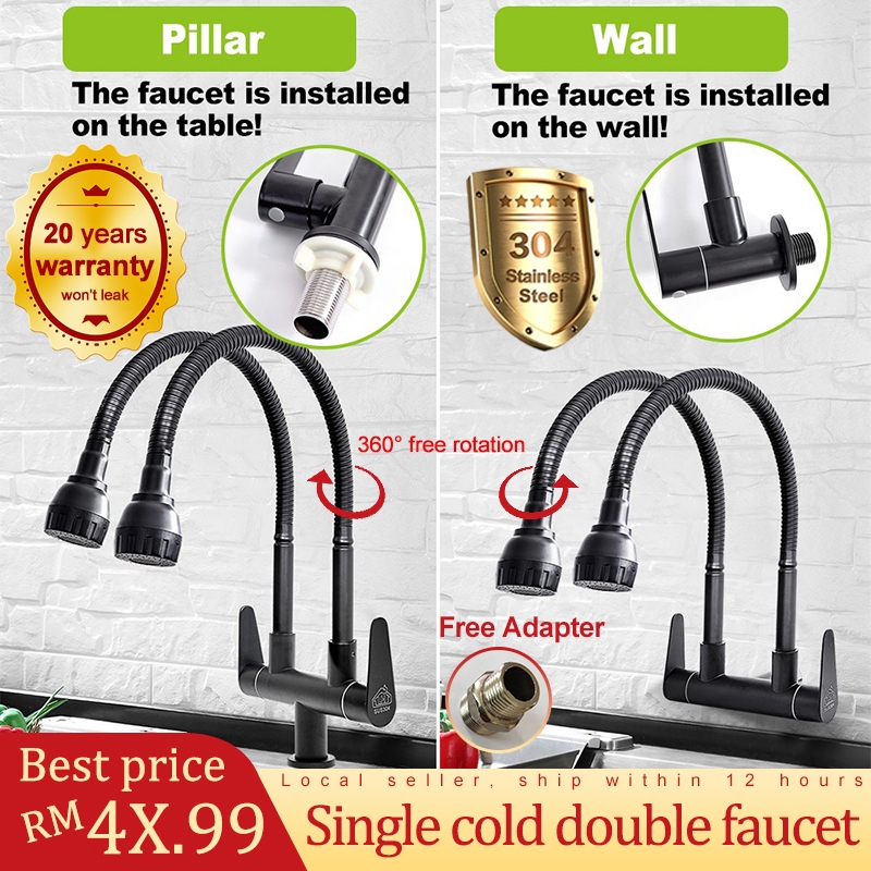 Kitchen Sink Faucet Double Tap Stainless Steel SUS 304 360° Rotating ...