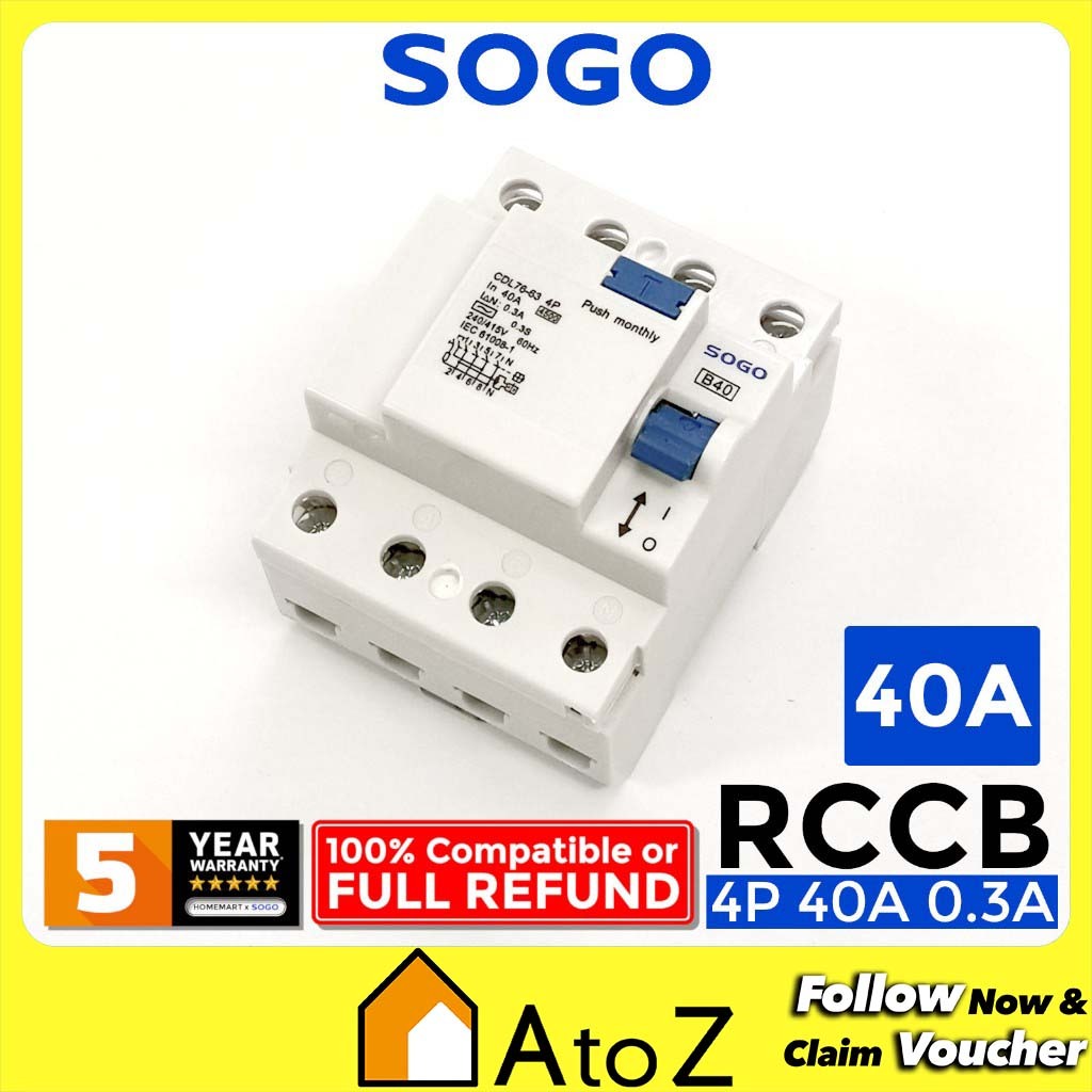 【Approved】 SOGO RCCB 40A ELCB Residual Current Circuit Breaker 4 Pole ...