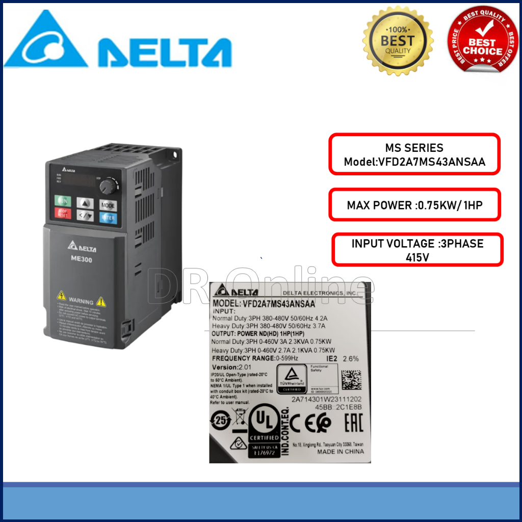 DELTA INVERTER MS SERIES ~0.75KW/1HP ~ 415V 3PHASE (VFD2A7MS43ANSAA ...
