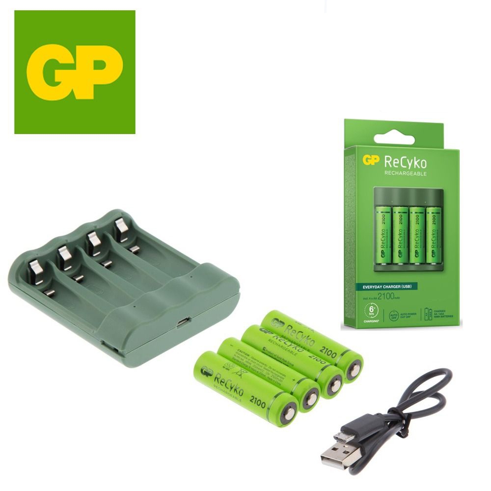 GP ReCyko Everyday Charger (USB) B421 4-slot NiMH with 4 x AA 2,100mAh NiMH Batteries | Shopee ...