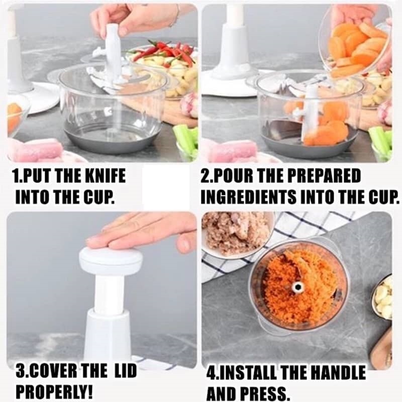 Hand Press Push Food Processor Chopper 1500ML Chopping Fruits Vegetable ...
