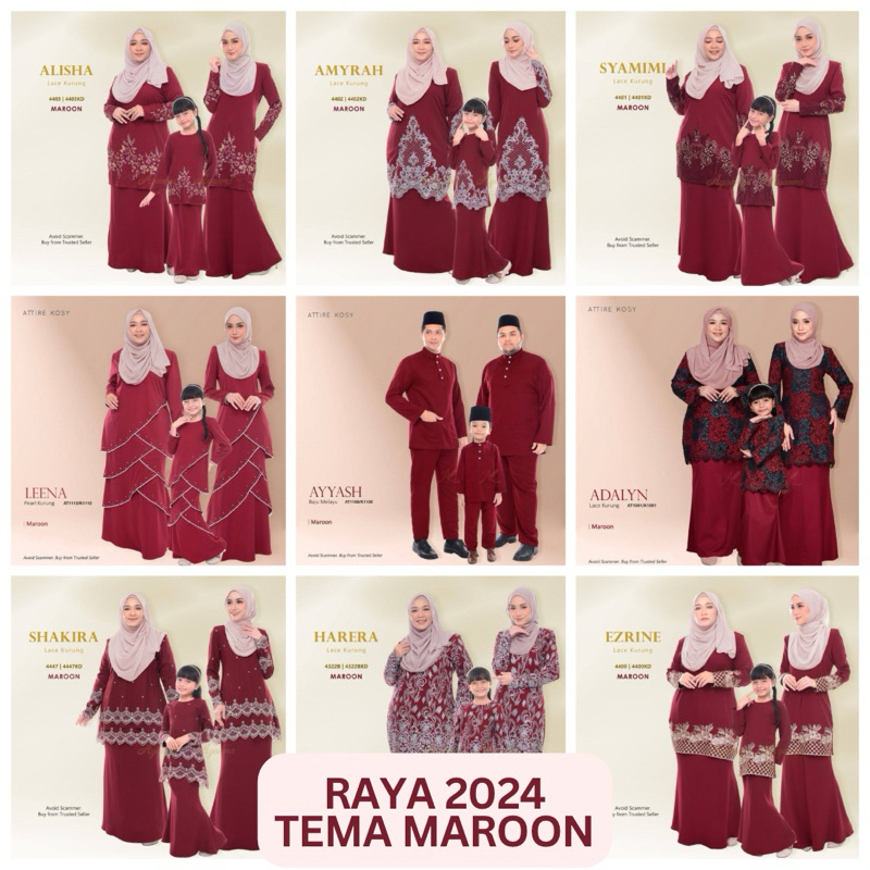 Set Family Tema Merah Hati Maroon. Baju Raya 2024. Baju Raya Plussize ...