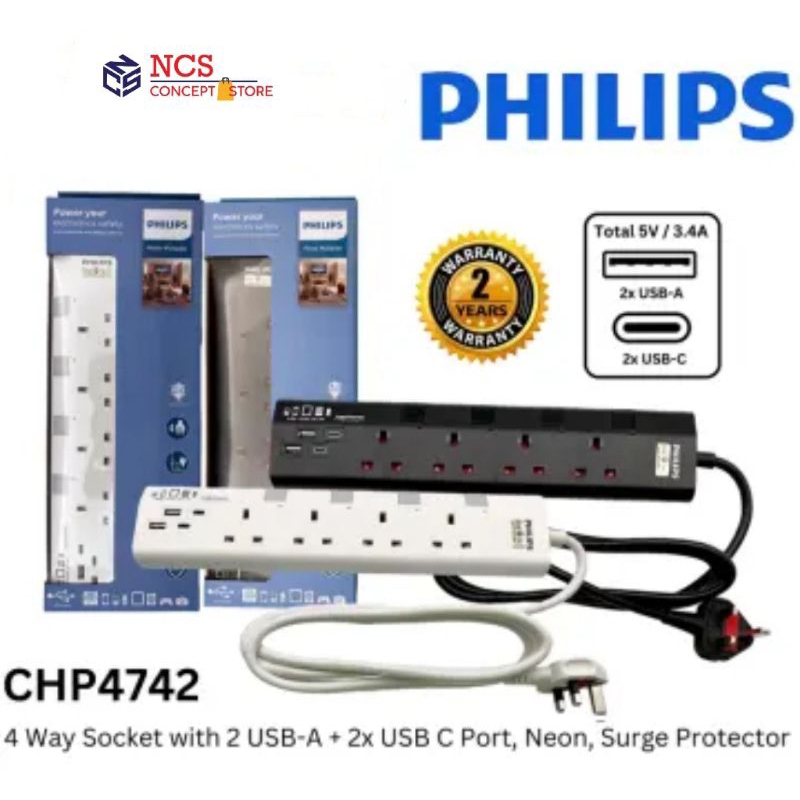 [NEW MODEL] Philips 5/4/3 Gang Socket With 2 USB + 2 TYPE C Individual ...