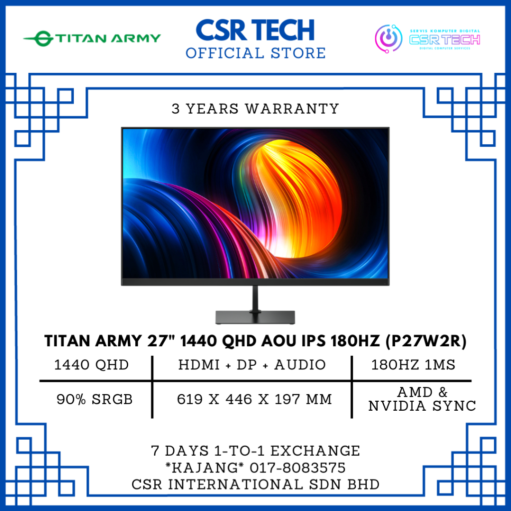 [CSR TECH] TITAN ARMY P27W2R 27" 180HZ AOU IPS 1440 QHD 90% SRGB GAMING ...