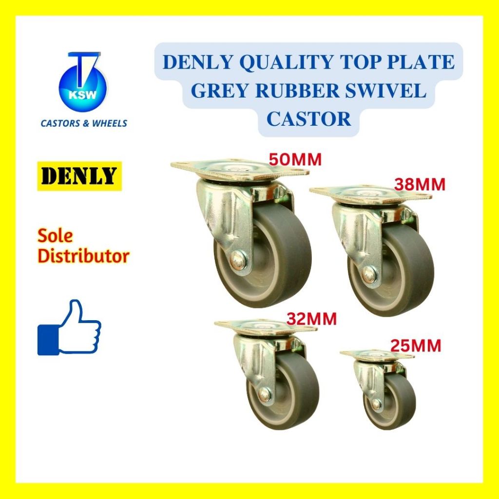 Denly 25, 32, 38, 50mm Industrial High Quality Grey Rubber Castor Wheel ...