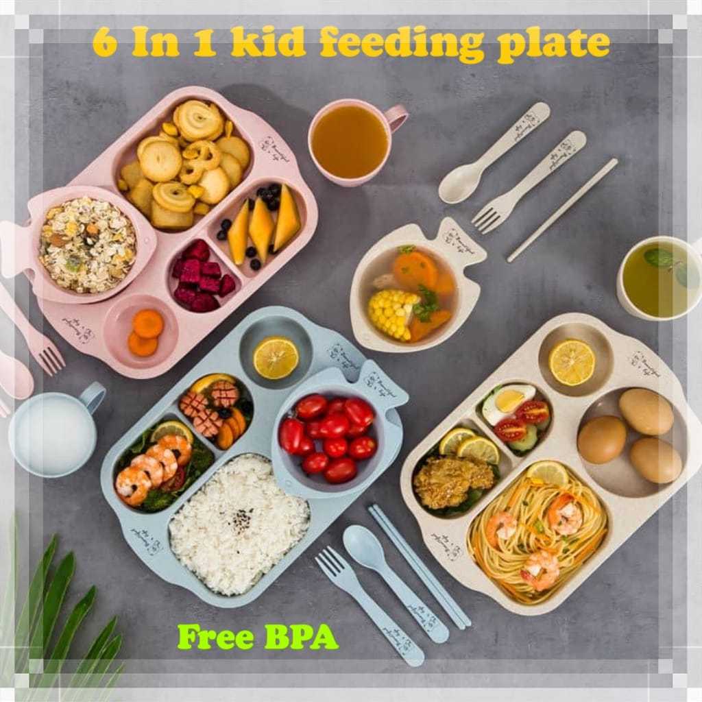 6 In 1 Wheat Straw Baby Feeding Set /Set Pinggan Baby/Baby Plate Set ...