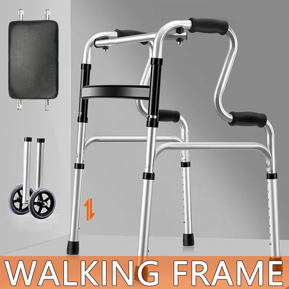 Foldable Walking Frame with Seat Adjustable Crutch Stick for Elderly Walker Stainless Steel ...