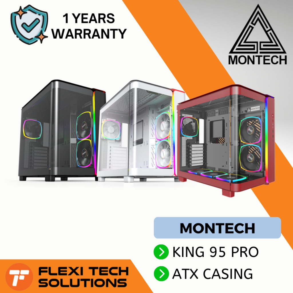Flexi Tech MONTECH KING 95 PRO ATX Case PC Desktop Casing - Black & White & Red | Shopee Malaysia