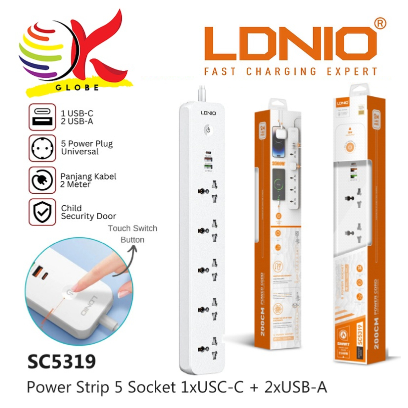 LDNIO SC5319 EXTENSION POWER STRIP 5 UNIVERSAL POWER SOCKET + 1 X USB-C ...