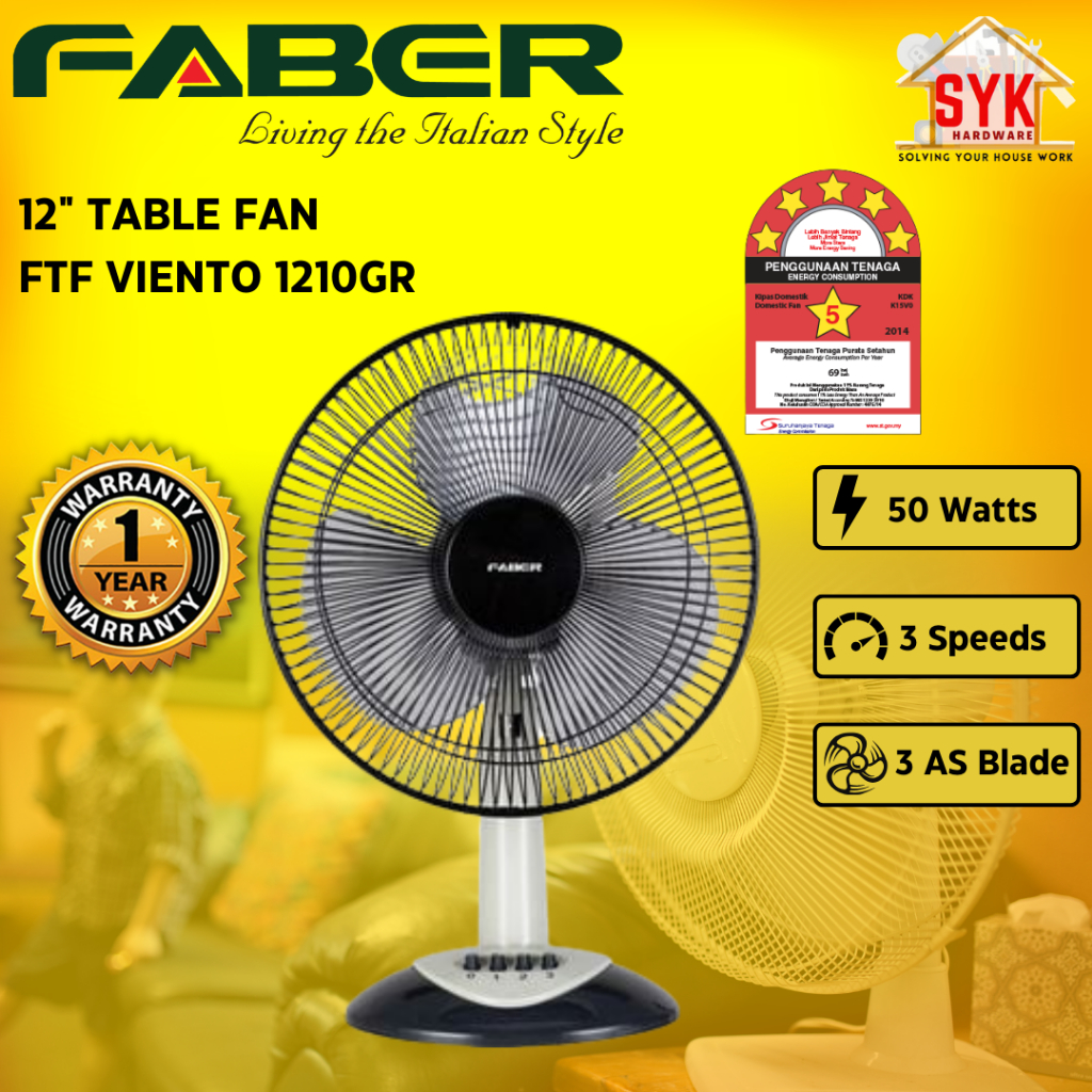 SYK Faber FTF VIENTO 1210GR 12 Inch Table Fan Electric 3 Blade Table ...