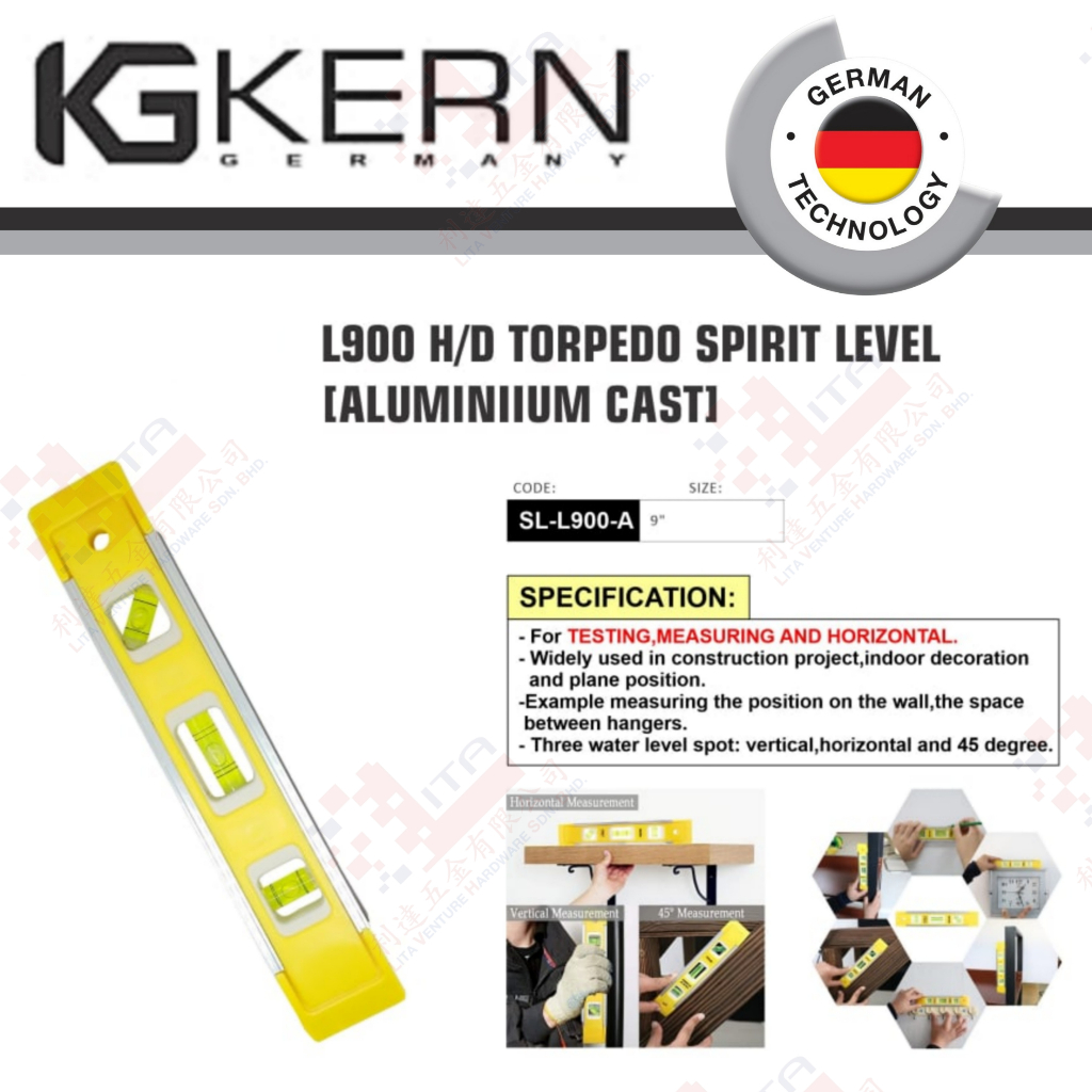 KG KERN GERMANY BRAND L900 HD TORPEDOSPIRIT LEVEL (ALUMINIUM CAST ...