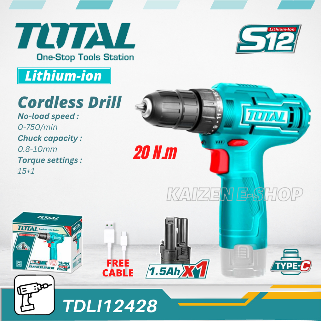 TOTAL TDLI12428 S12 12V Li-ion Cordless Drill + FREE CABLE (Replacement ...