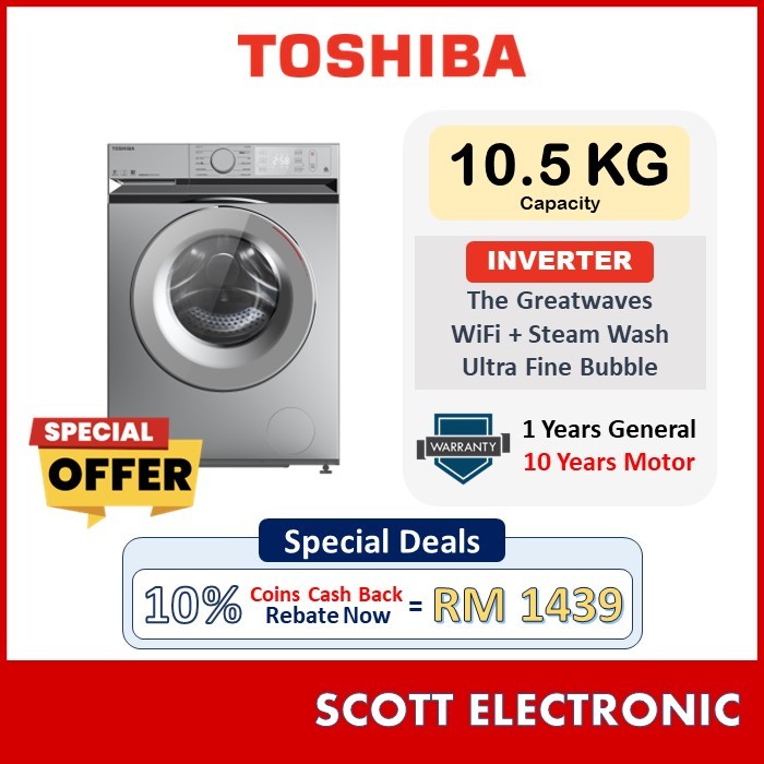 Toshiba 10.5KG FRONT LOAD INVERTER WASHER WASHING MACHINE BASUH AUTO TW-BL115A2M TW-BL115A2M(SS ...