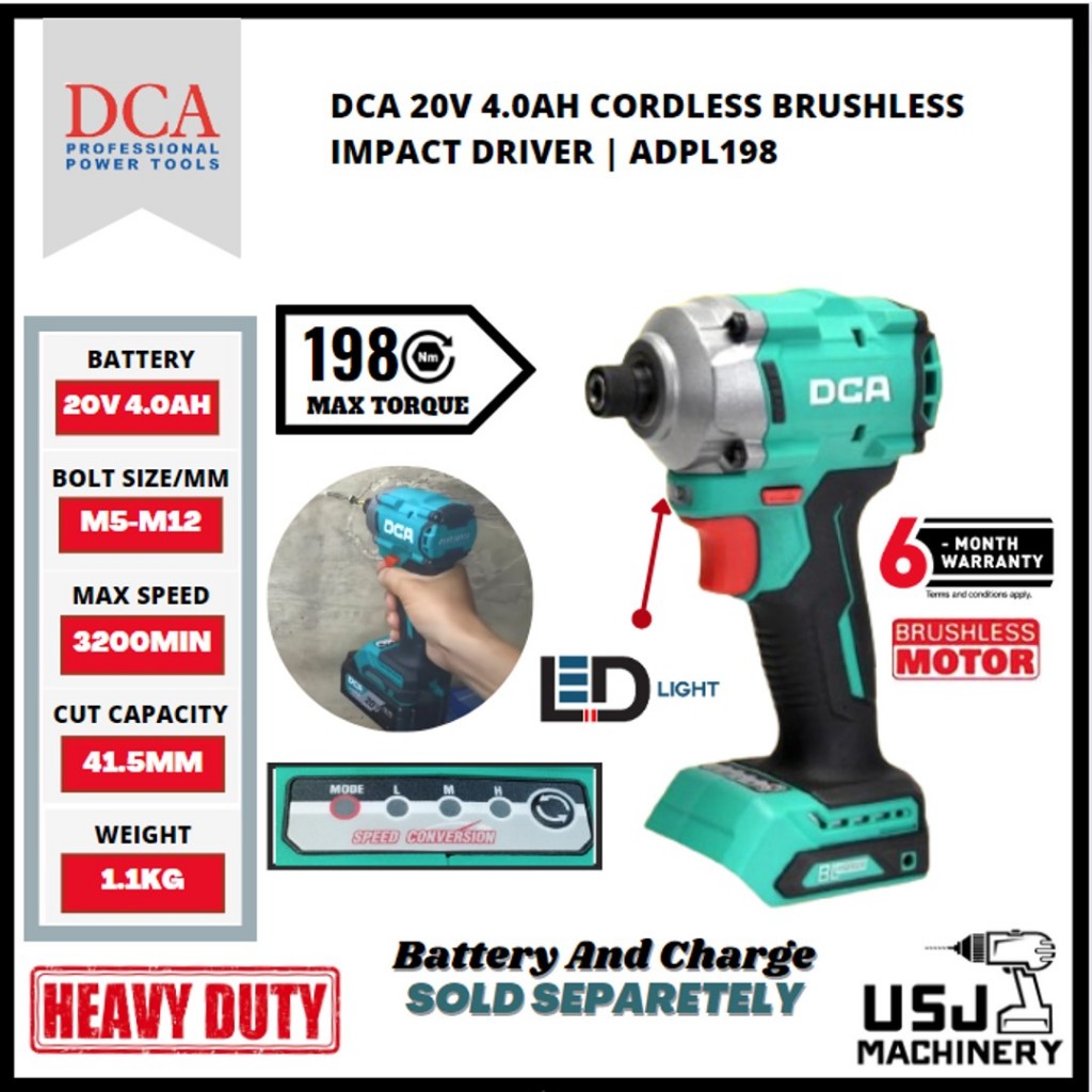 DCA 20V MAX 4.0H Cordless Brushless Impact Driver ADPL198 | 6 Months ...
