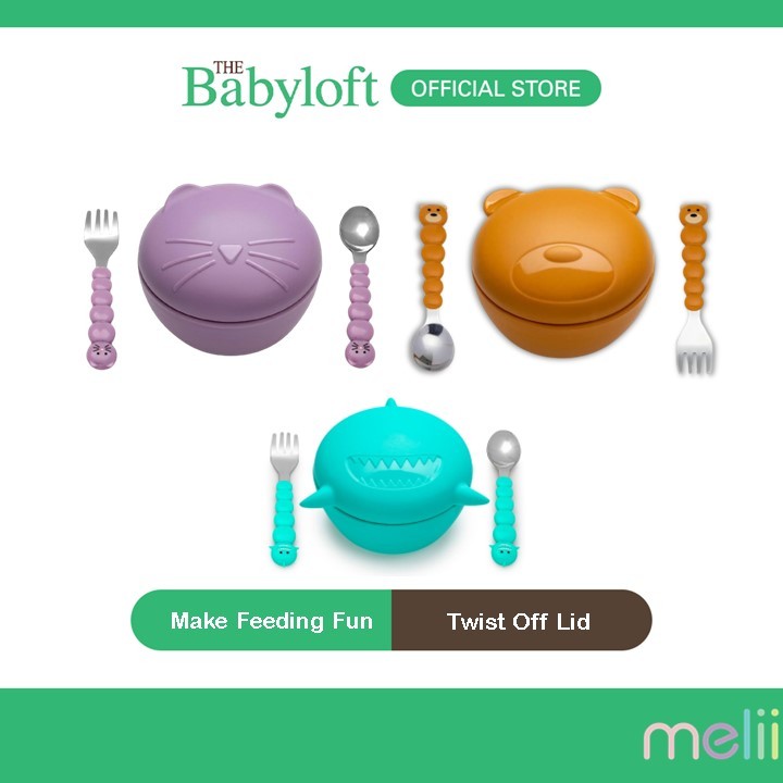 MELII Silicone Bowl with Lid & Utensils for Toddlers (Cat/Bear/Shark ...