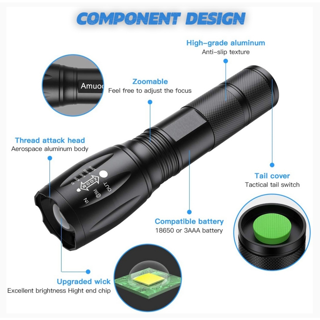 Lampu Picit Travel Hiking Fishing 3 Mode T6 LED Zoom Mini Torchlight ...