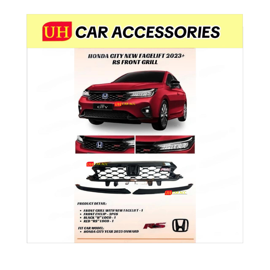 HONDA CITY SEDAN RS FRONT GRILL NEW FACELIFT 2023 2024 OEM 1:1 WITH EYELIPS FREE RS EMBLEM + H ...