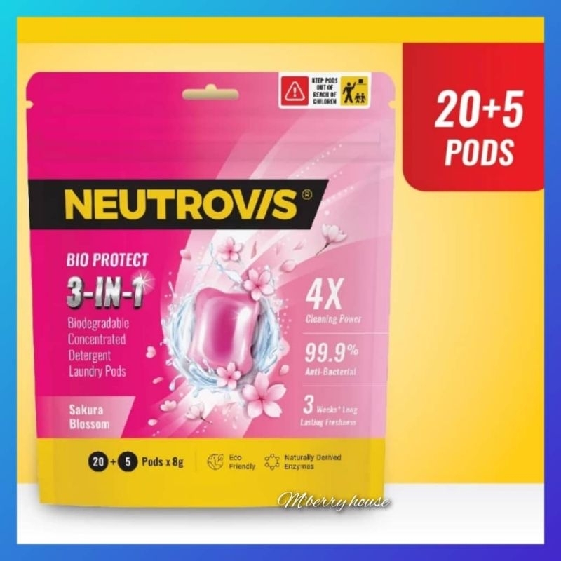 Neutrovis 3-IN-1 Biodegradable Concentrated Detergent Laundry Pods (8g x 20+5s) - Sakura Blossom ...