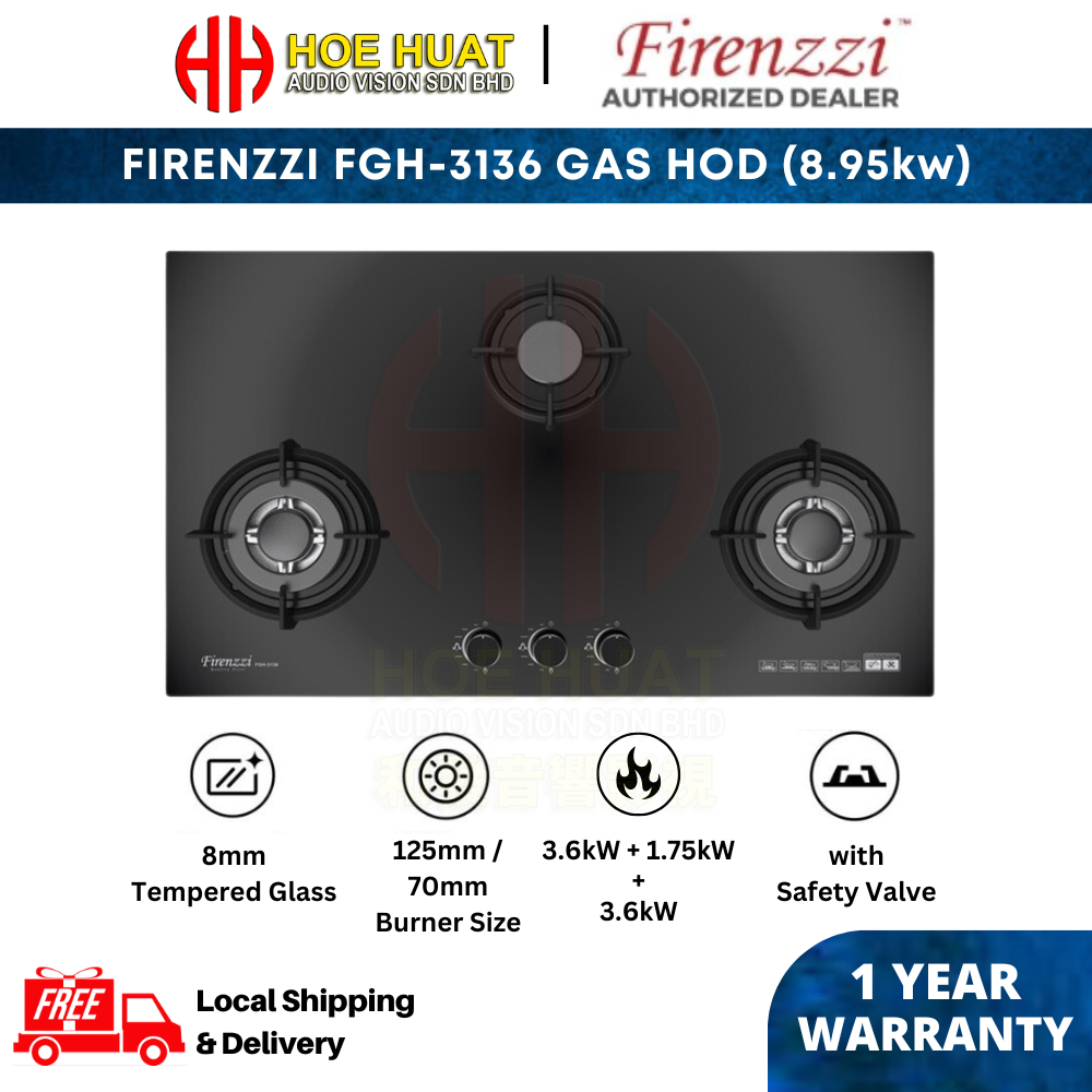 【FREE SHIPPING】 Firenzzi FGH-3136 Gas Hod 3 Burner Tempered Glass with ...