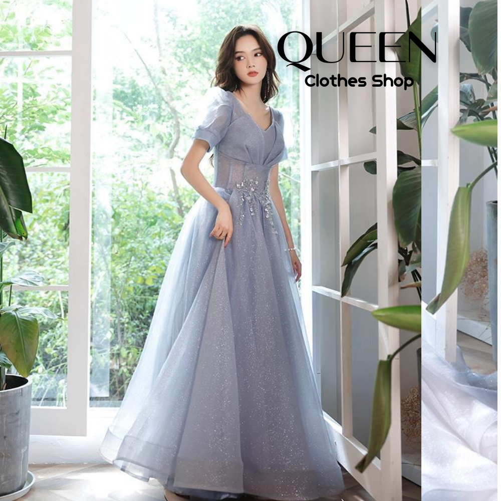 Bridal Evening Dress Blue Princess Lace Puff Sleeve A-Line Puffy Gown ...