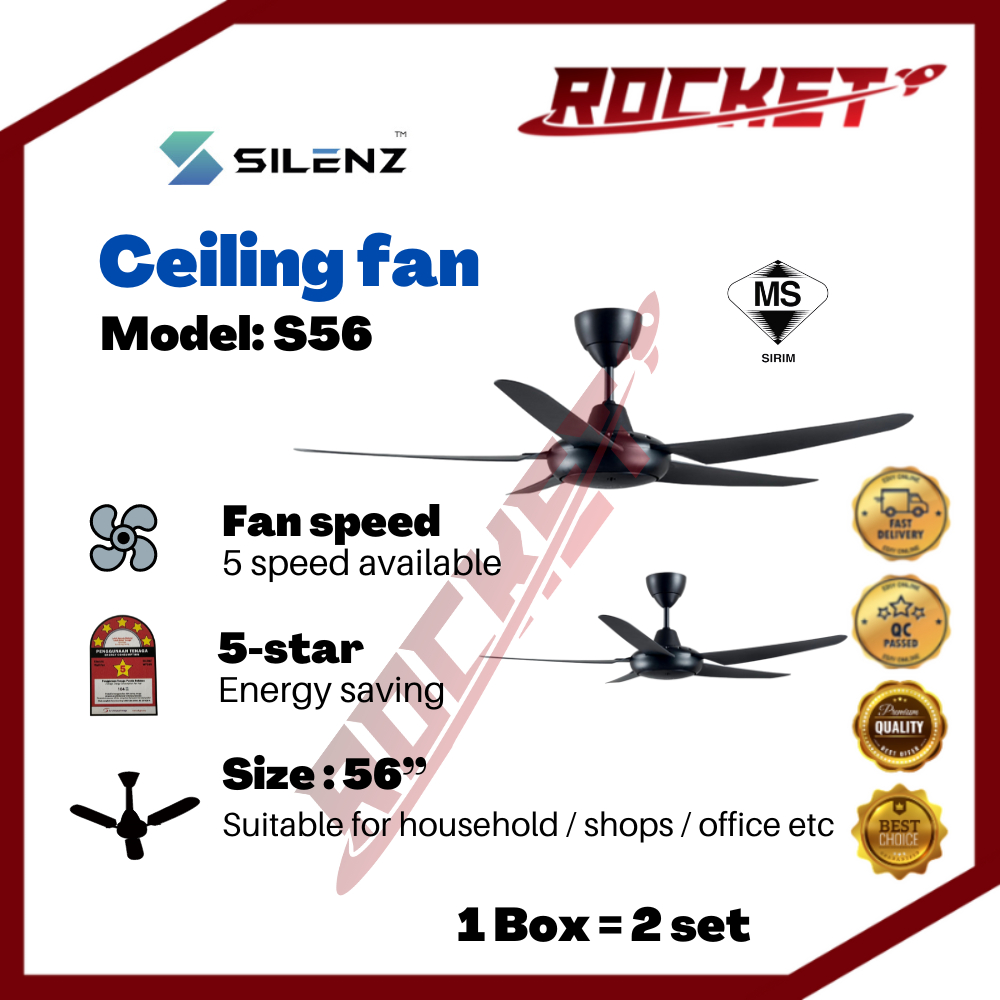 Silenz ceiling fan kipas siling 56inch Black colour 5 speed remote ...