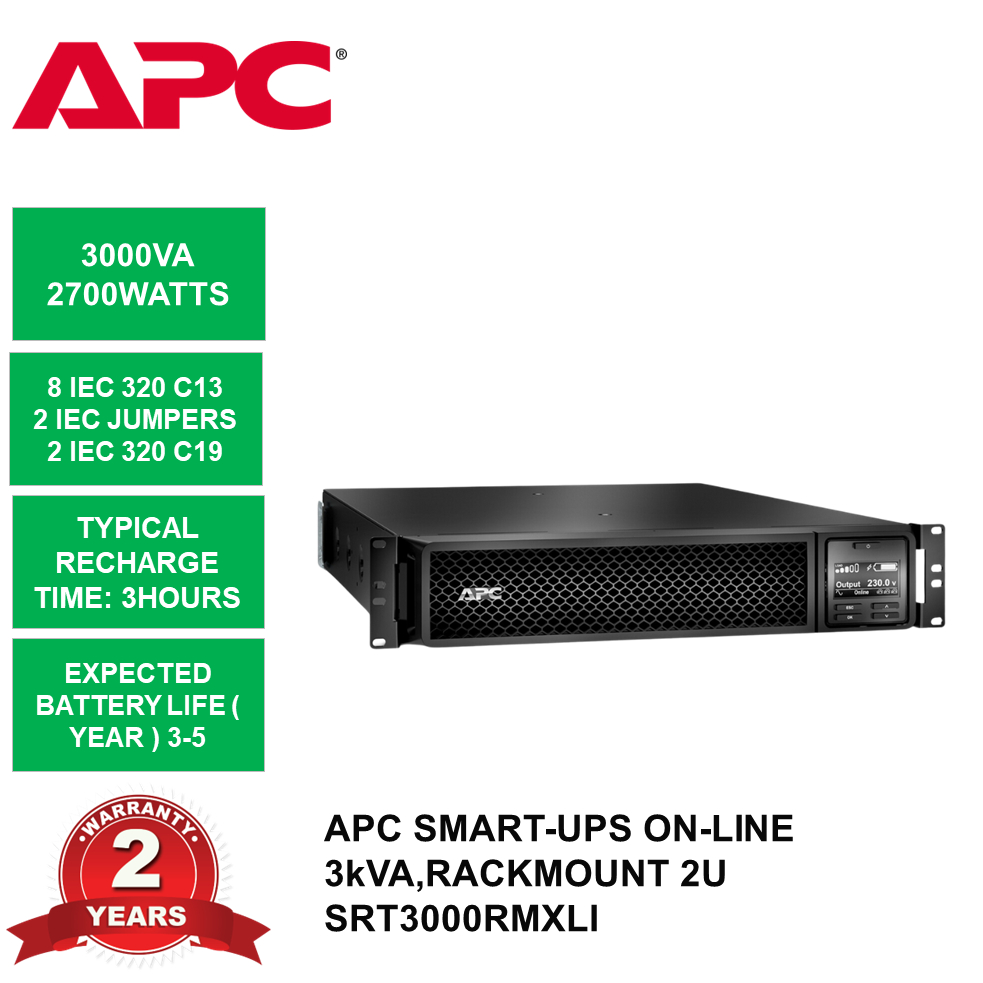 APC SMART-UPS ON-LINE,3kVA RACKMOUNT 2U,230V,8x C13+2x C19 IEC OUTLET,SMARTSLOT W RAIL KIT ...