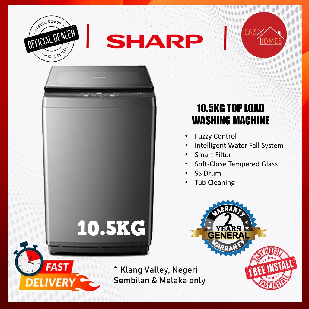 Sharp ESX1021 10.5kg Washing Machine Stainless Steel Drum with 7 Wash ...