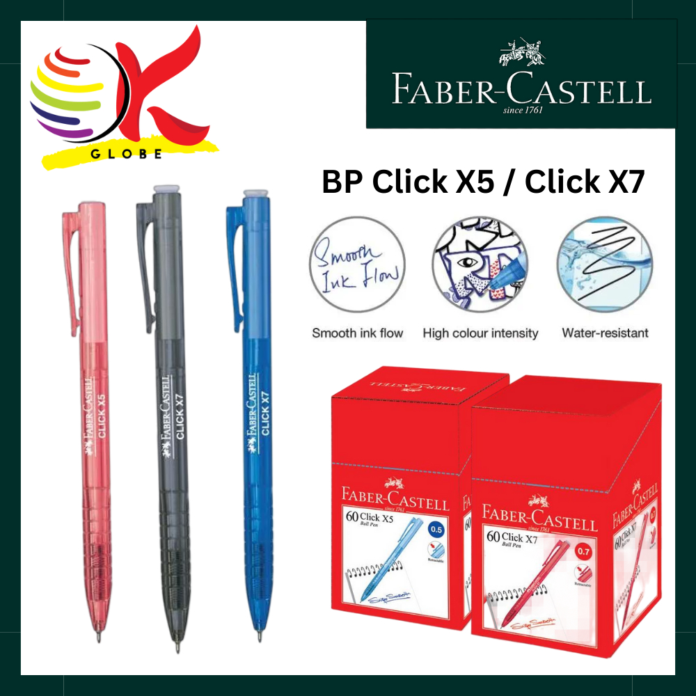 FABER CASTELL BP CLICK X5 X7 BALL PEN 0.5MM 0.7MM RETRACTABLE SMOOTH INK WATER RESISTANT BLACK ...