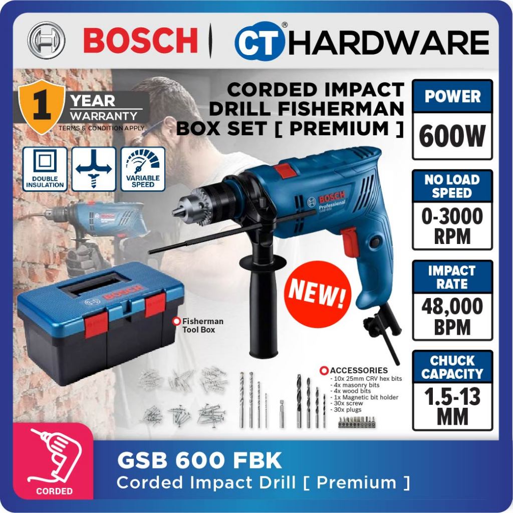 Bosch GSB 600 FBK Professional Corded Impact Drill Fisherman Box Kit ...