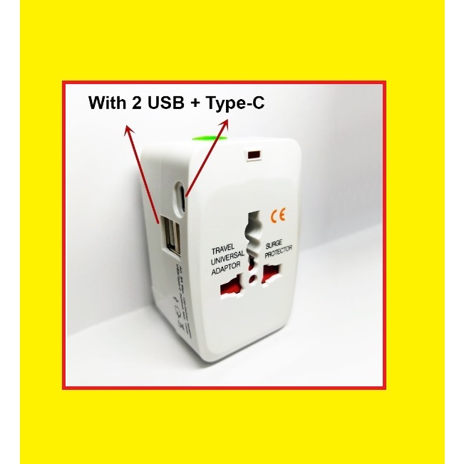 Universal International Travel Plug 3 Pin Dua USB Type C Port Power ...
