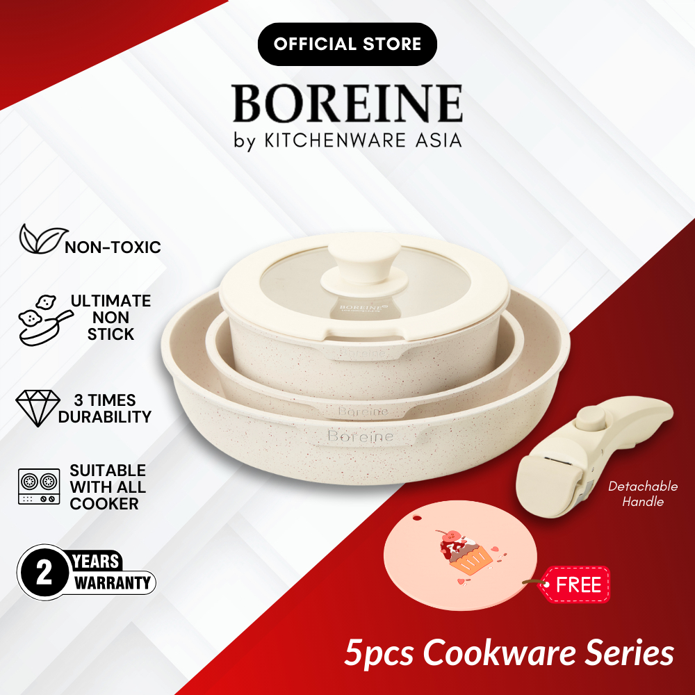 BOREINE 5pcs Non Stick Granite Cookware Set Removable Handle Kuali Batu ...